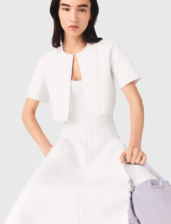 Maje Cropped Cardigan With Pointelle Knit And Press-stud Fastening - White