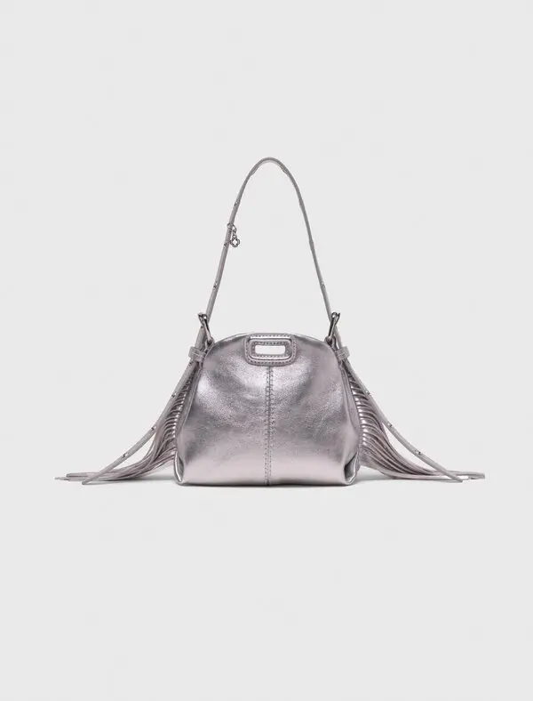 Maje Metallic Leather Miss M Micro Bag With Fringe - Silver