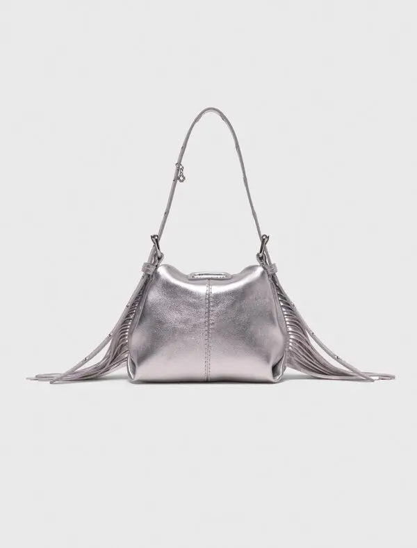 Maje Metallic Leather Miss M Micro Bag With Fringe - Silver
