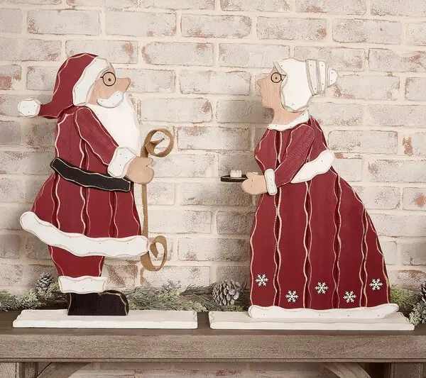 KRINGLE EXPRESS As Is Wooden 2-pc Santa & Mrs. Claus - One-color