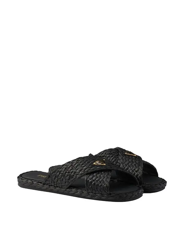 Prada Raffia Crisscross Slides - Black
