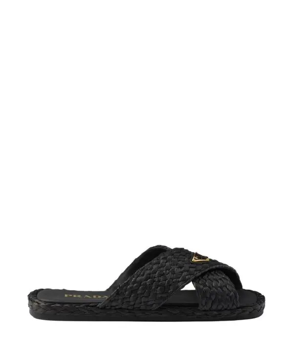 Prada Raffia Crisscross Slides - Black