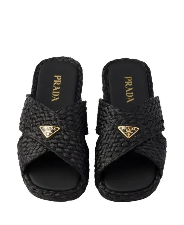 Prada Raffia Crisscross Slides - Black