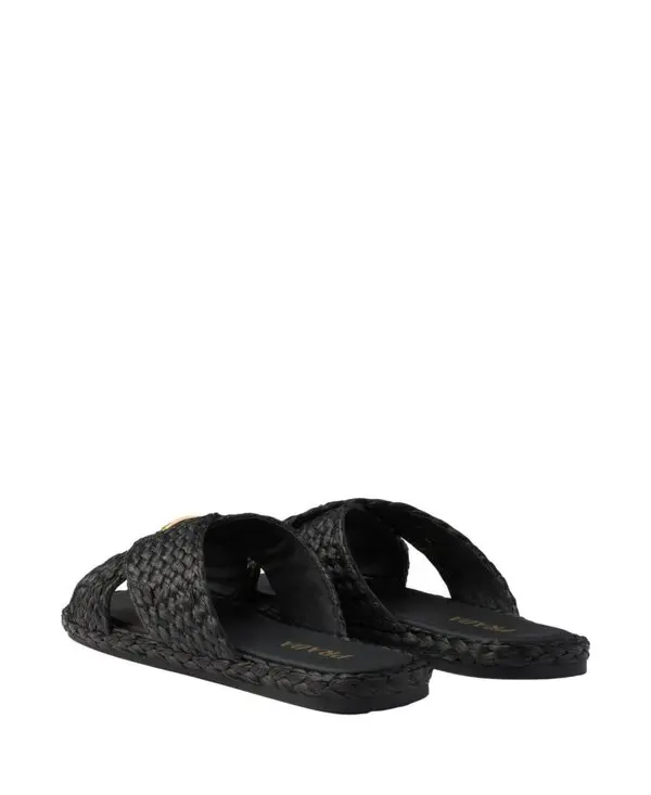 Prada Raffia Crisscross Slides - Black