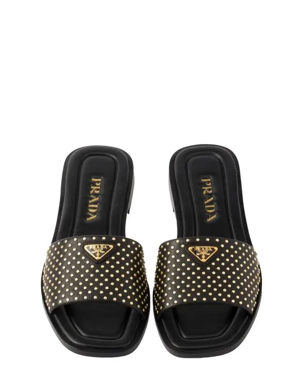 Prada Nappa Leather Studded Slides - Black