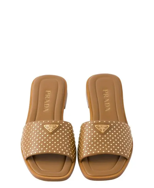 Prada Nappa Leather Studded Slides - Brown