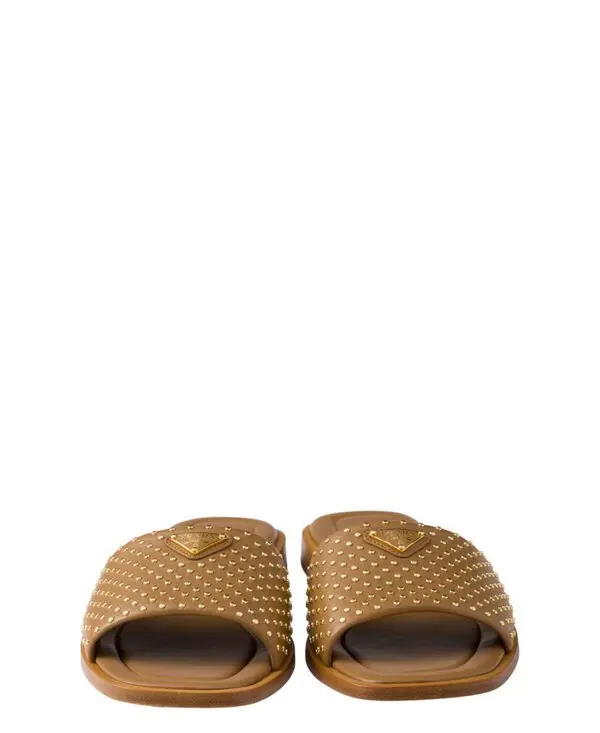Prada Nappa Leather Studded Slides - Brown