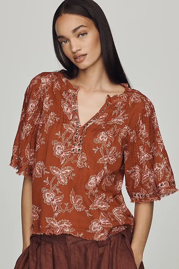 Anthropologie Floral Pintucked Short Sleeve Blouse - Red