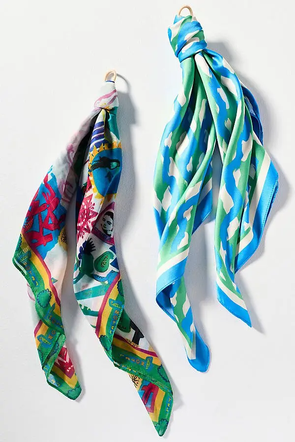 Anthropologie Fun Icon Motif Hair Scarves Set Of 2 - Green Roma / Blue Green Geo
