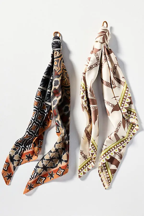 Anthropologie Patterned Hair Scarves Set - Brown Palm / Neutral Geo