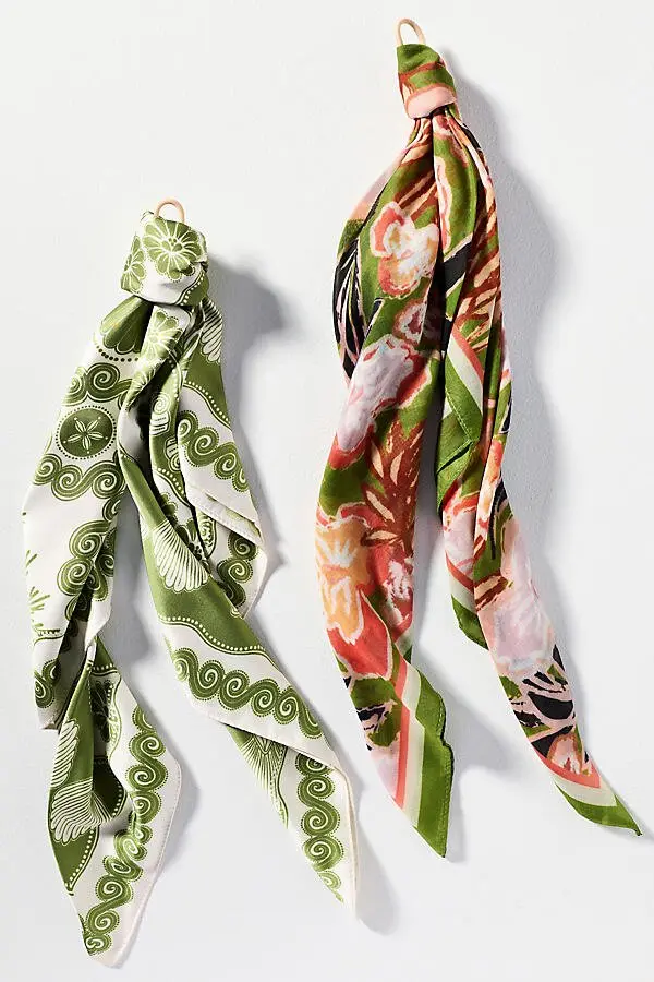 Anthropologie Patterned Hair Scarves Set - Green Shell / Peach Floral