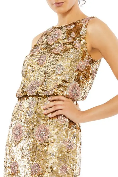 Mac Duggal Hand Beaded High Neck Midi Dress - Gold Amethyst