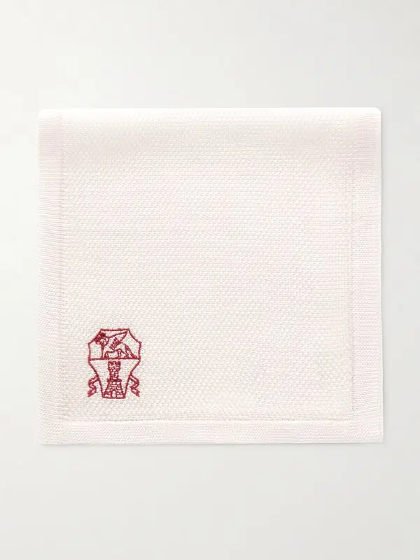 Brunello Cucinelli Logo-embroidered Knitted Silk Pocket Square - White