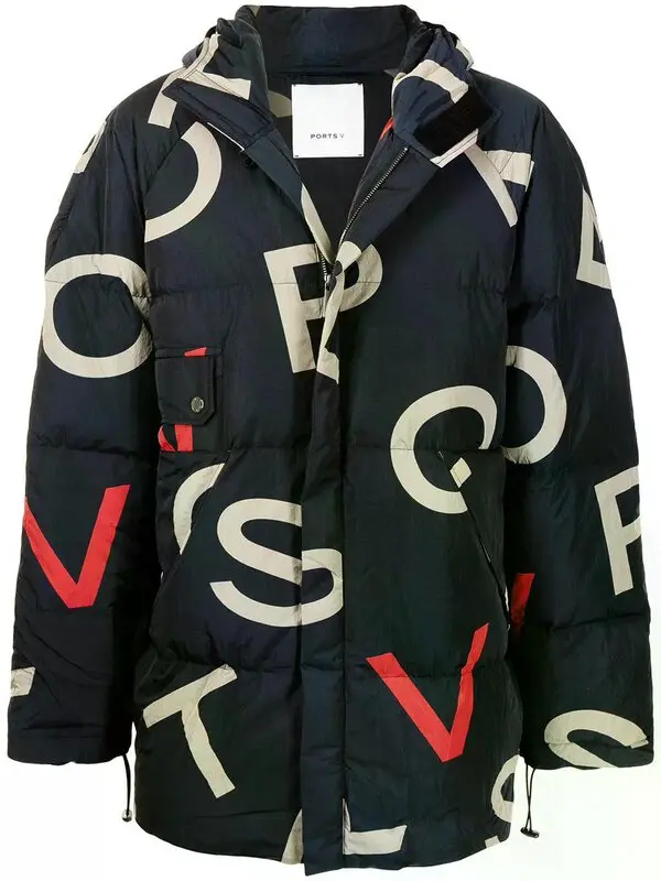 PORTS V Logo-print Oversized Padded Jacket - Blue