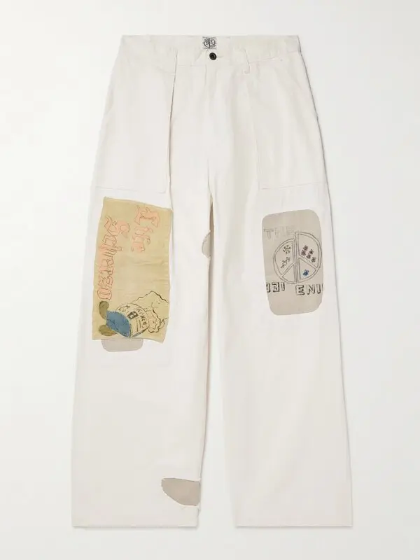 Kapital Fatigue Wide-leg Patchwork Cotton-twill Trousers - Neutrals