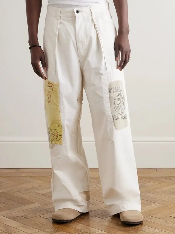 Kapital Fatigue Wide-leg Patchwork Cotton-twill Trousers - Neutrals