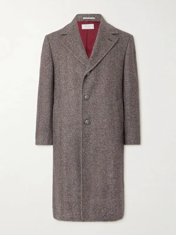 Brunello Cucinelli Herringbone Cashmere And Silk-blend Coat - Brown