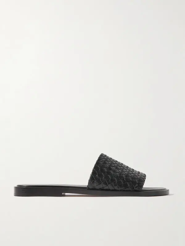 Bottega Veneta Intrecciato Leather Slides - Black