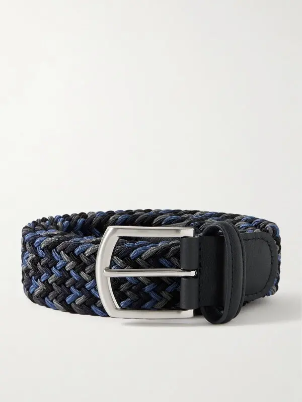 Anderson's 3.5cm Leather-trimmed Woven Elastic Belt - Blue