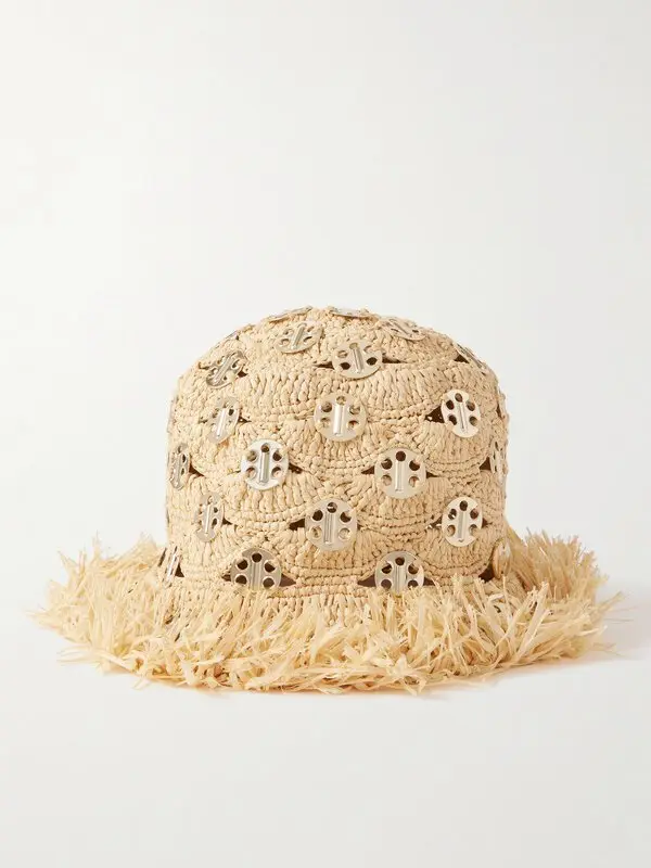 Rabanne Fringed Chainmail-embellished Raffia Hat - Gold