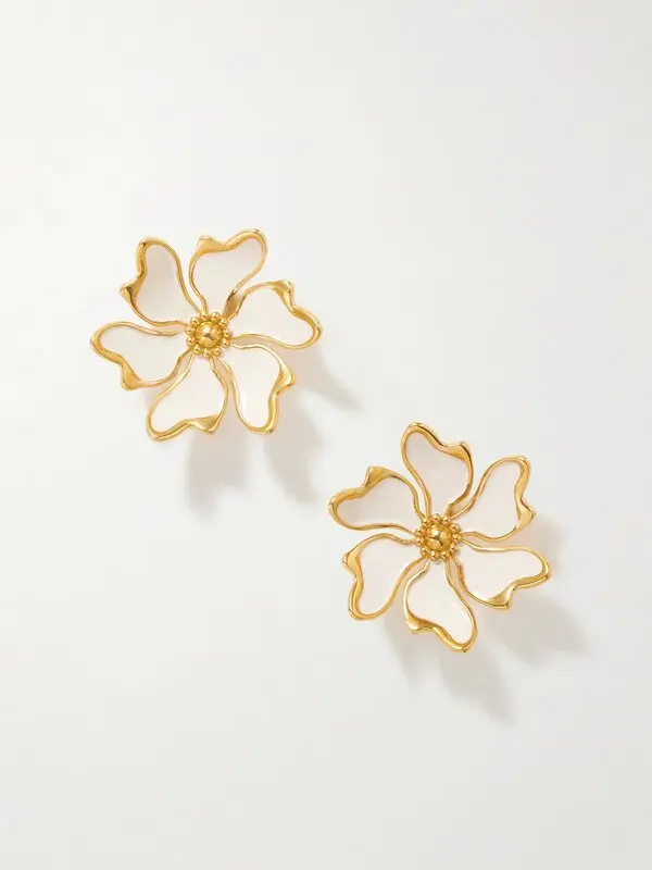 Oscar De La Renta Cherry Blossom Enamel Earrings - Gold