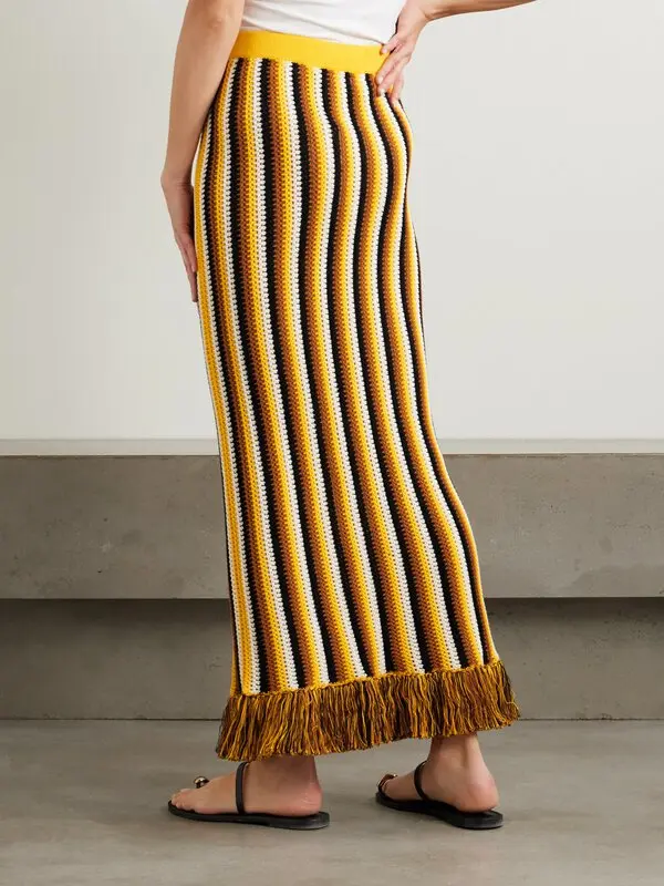 Escvdo Misti Fringed Striped Crocheted Maxi Skirt - Yellow
