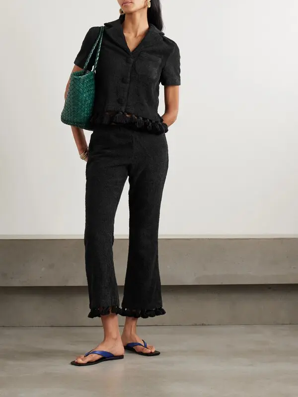 CAP D’ANTIBES Cropped Tasseled Cotton-terry Flared Pants