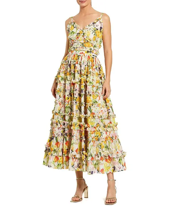 Mac Duggal Floral Print Ruffle Tiered Midi Dress - Yellow Multi