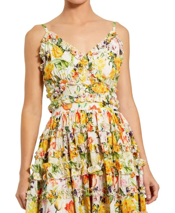 Mac Duggal Floral Print Ruffle Tiered Midi Dress - Yellow Multi