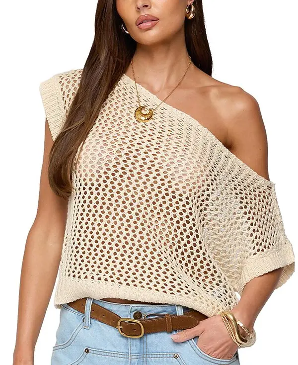 EDIKTED Off-the-shoulder Open Knit Top - Cream