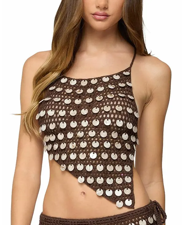 EDIKTED Alora Iridescent Crochet Top - Brown