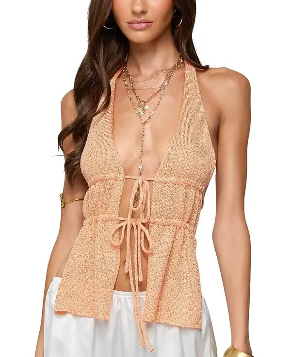 EDIKTED Sequin Knit Split Front Backless Top - Orange