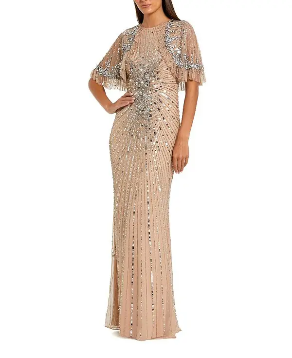 Mac Duggal Fitted Beaded Mesh Gown With Capelet