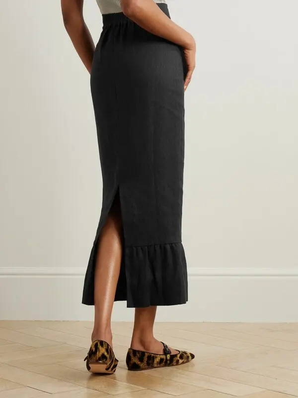 Posse Matilda Ruffled Linen Midi Skirt - Black