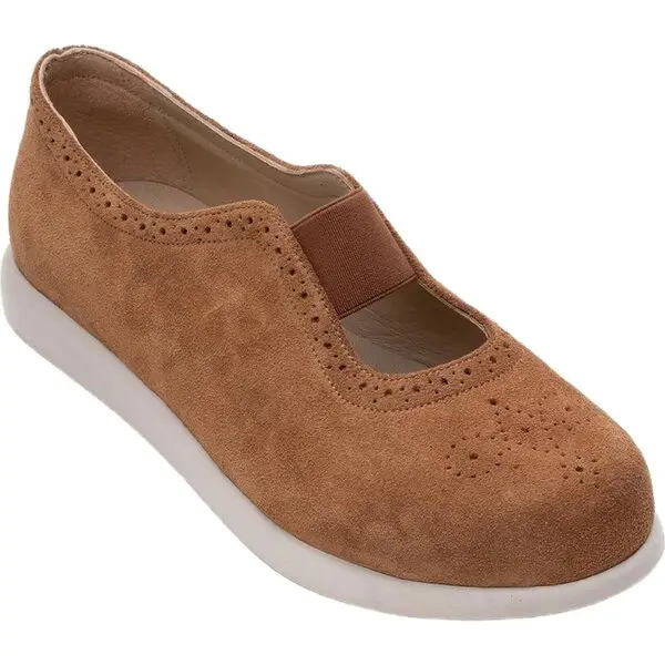 FOREVER & ALWAYS SHOES Chelle Elastic Leather Flat - Cognac Suede Leather