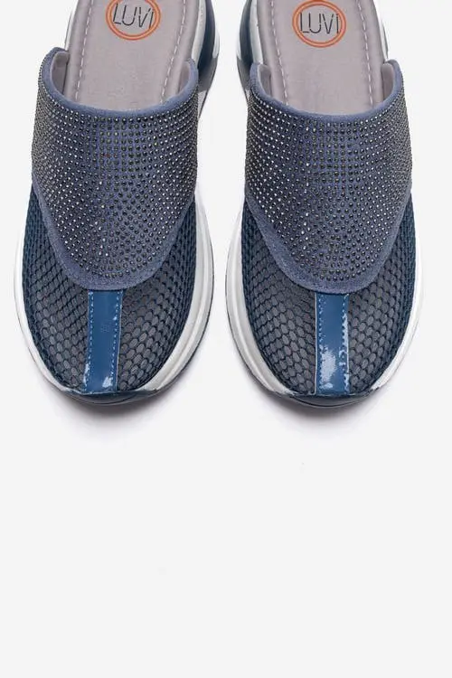 PROLOGUE SHOES Glea Mesh Rhinestone Mules - Blue