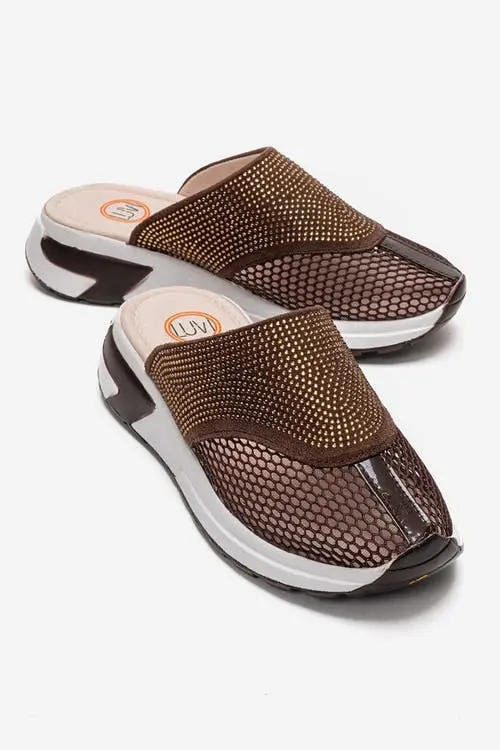 PROLOGUE SHOES Glea Mesh Rhinestone Mules - Brown