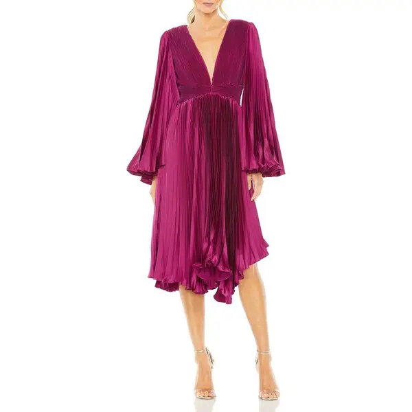Mac Duggal Pleated V-neck Flare Sleeve Dress - Berry