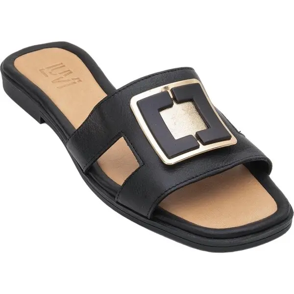 FOREVER & ALWAYS SHOES Millie Leather Buckle Slide - Black Leather