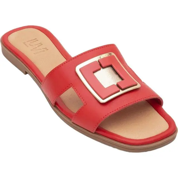 FOREVER & ALWAYS SHOES Millie Leather Buckle Slide - Red Leather