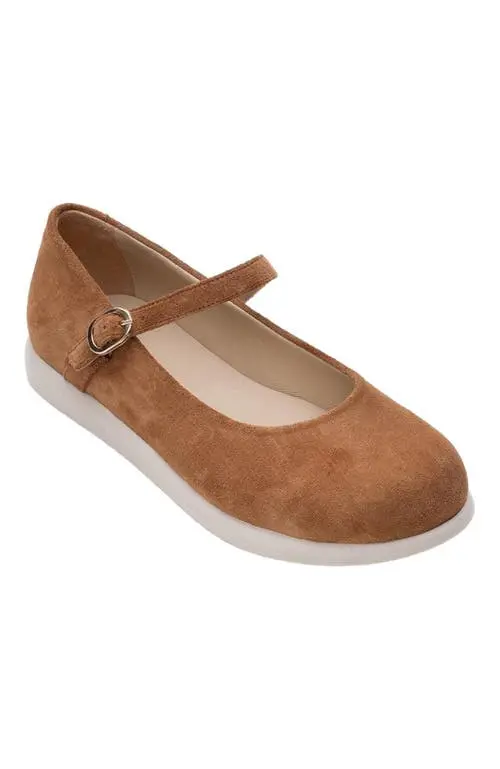FOREVER & ALWAYS SHOES Leather Anisa Strap Flats - Cognac Suede Leather