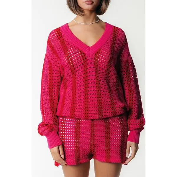 COLOURFUL REBEL Lizza Crochet Stripe V-neck Sweater