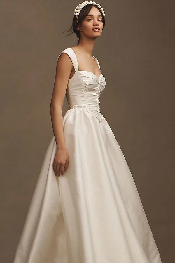 Watters Willow Grid Shirred Taffeta Corset A-line Wedding Gown - Ivory