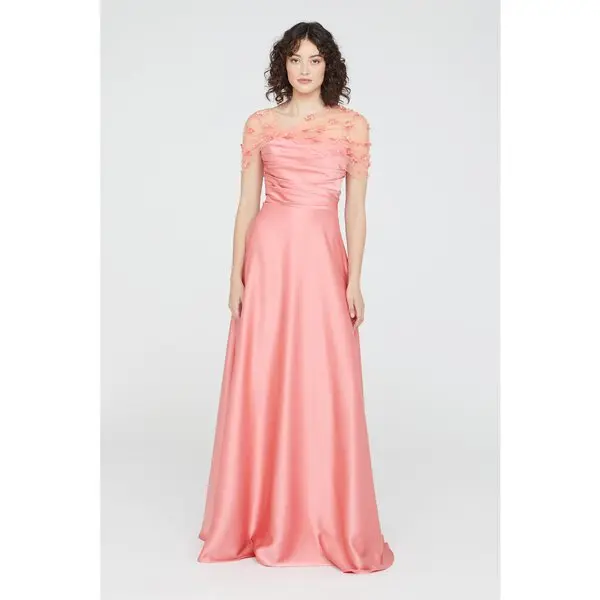 Theia Luella Shawl Draped Gown - Sugar Coral