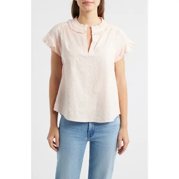 Wit & Wisdom Embroidered Split Neck Top - Angel Pink
