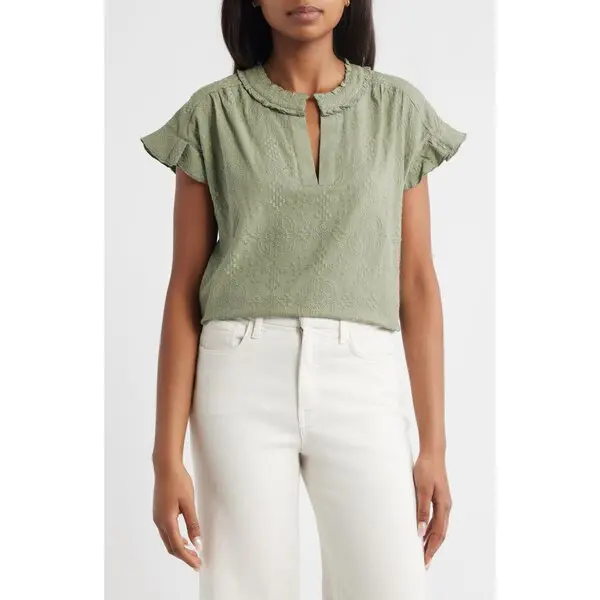 Wit & Wisdom Embroidered Split Neck Top - Oregano