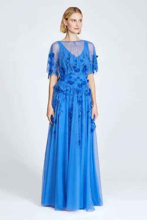 Theia Fabiana Beaded Capelet Gown