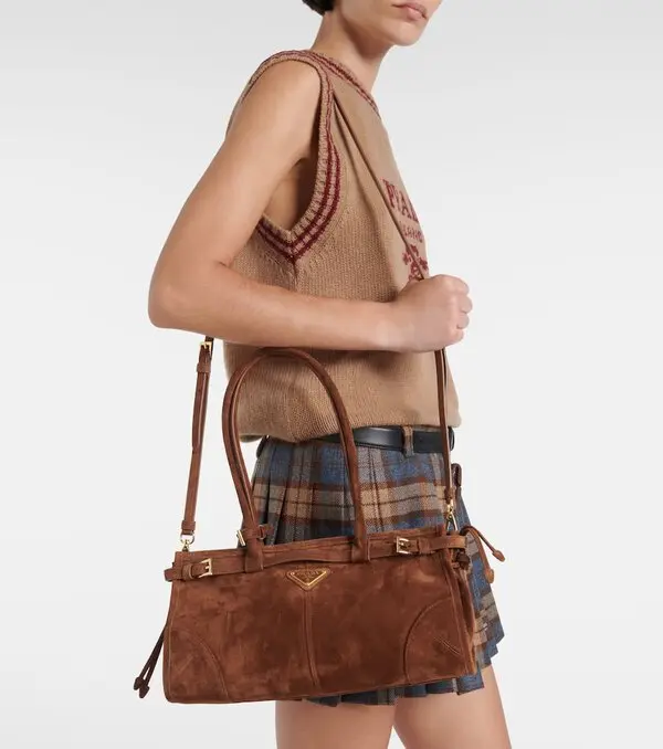 Prada Bonnie Medium Suede Shoulder Bag - Brown