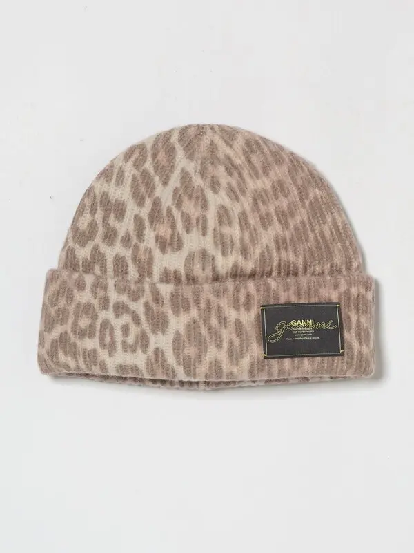 GANNI Animal Print Wool Beanie - Brown