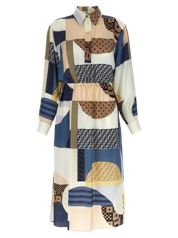 Fendi Patchwork Jacquard Silk Crêpe Midi Shirt Dress - Multicolor